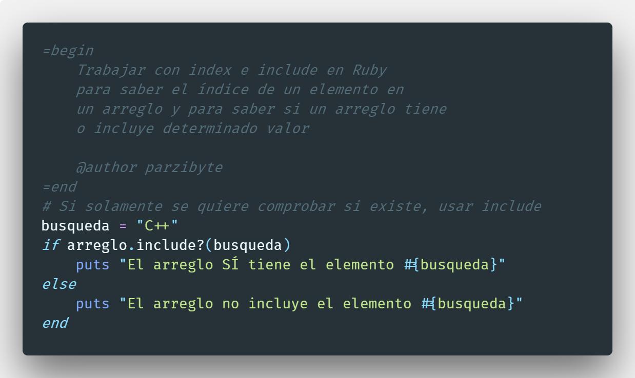 Comprobar si elemento existe en arreglo o buscar índice en Ruby | Parzibyte