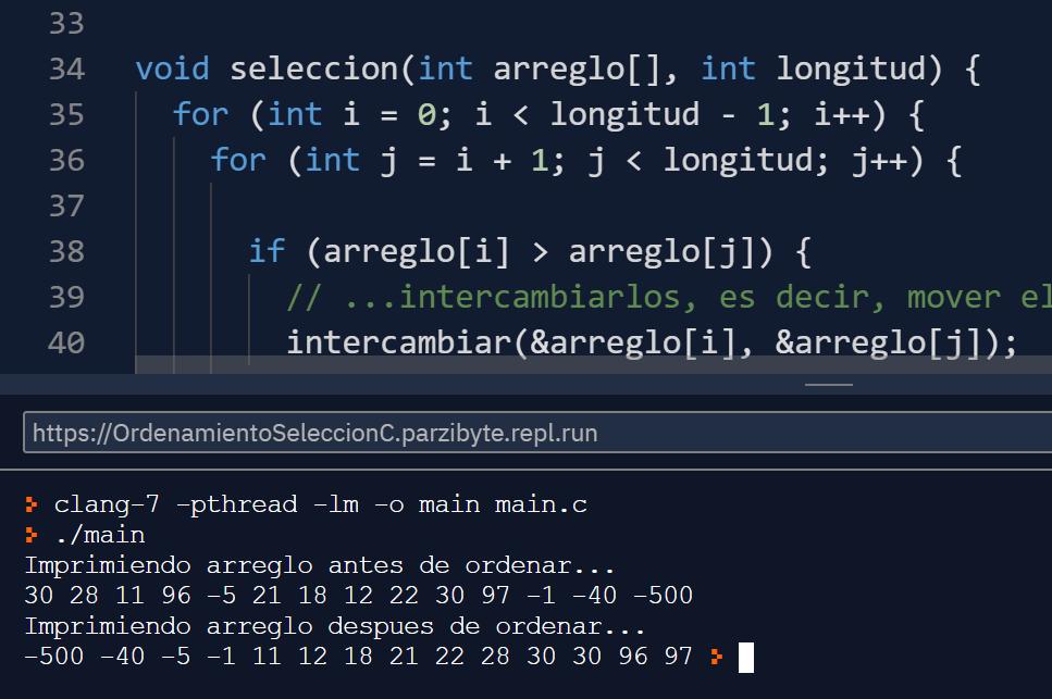 Ordenamiento por selección en C | Parzibyte