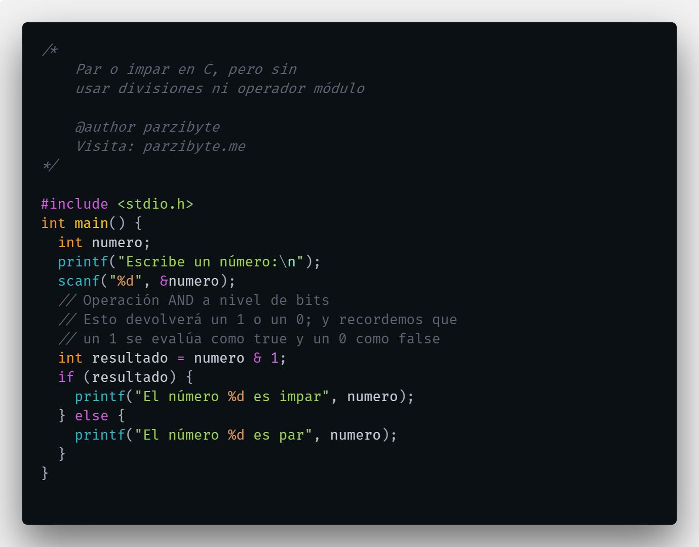 Número par o impar sin usar divisiones ni operador módulo en C | Parzibyte