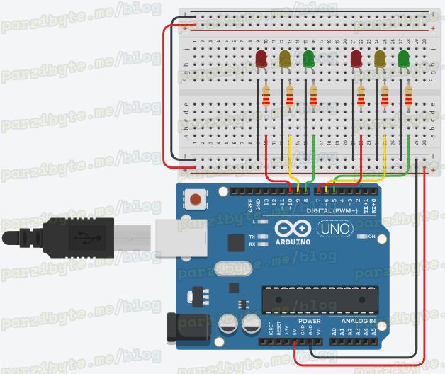 Semáforo doble en Arduino | Parzibyte