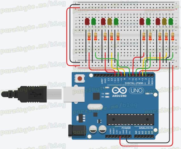 Semáforo doble con cruces peatonales en Arduino | Parzibyte